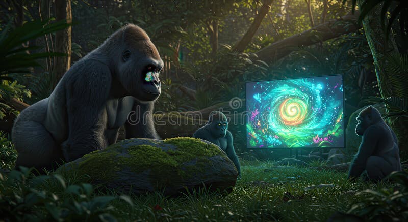 Gorillas Watching a Mystical Display in a Lush Forest Stock ...
