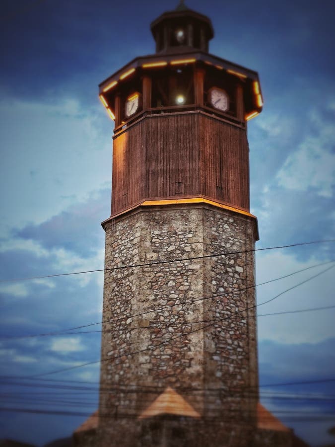 Gostivar clock tower stock photo. Image of lighting - 218779070