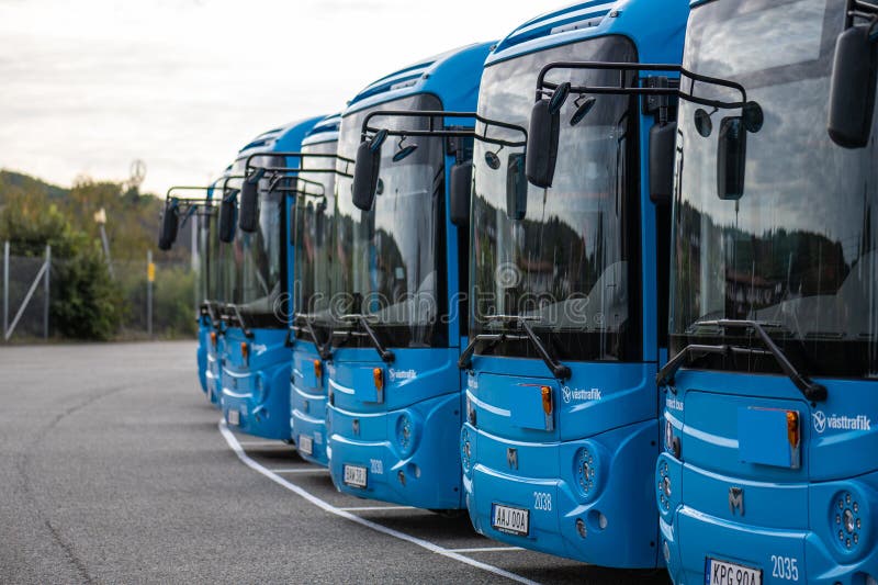 Row of Blue Electric Buses.. Editorial Stock Photo - Image of ...