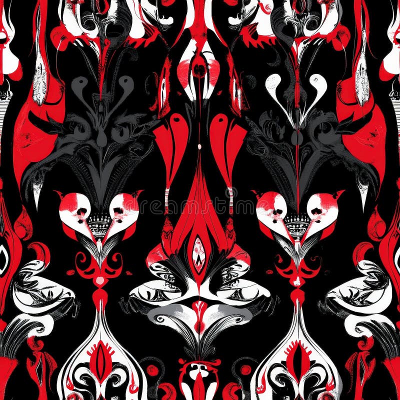Abstract Gothic Pattern Featuring Skulls and Floral Elements in Red ...
