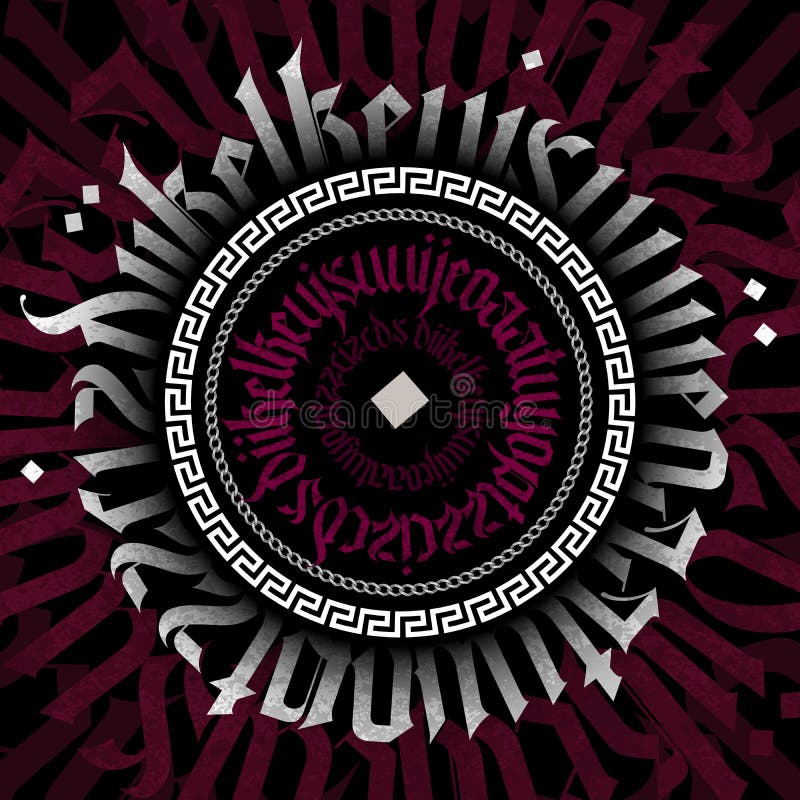 Gothic Abstract Rounded Calligraphy with Silver Chains on Black ...