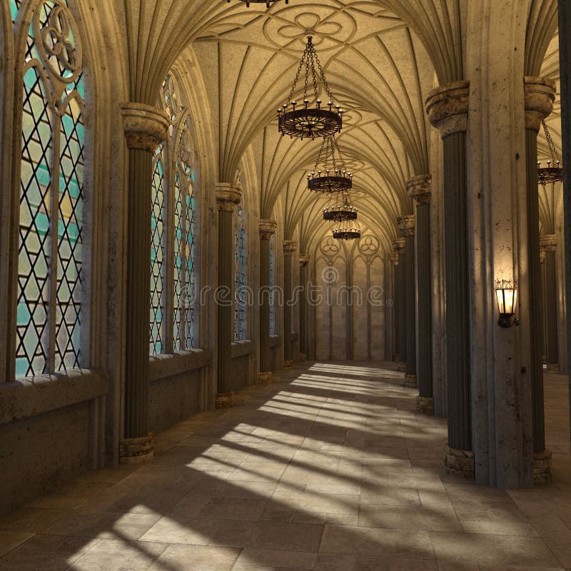 Gothic Arch Gallery Luxury Interior 3d Render Stock Illustration ...