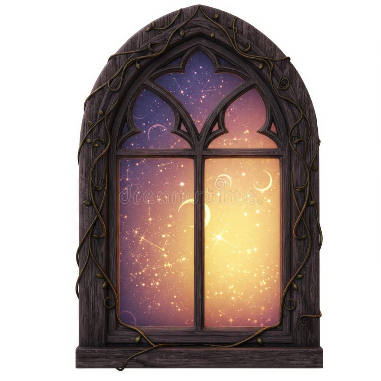 Gothic Arch Window with Glowing Night Sky Stock Illustration ...