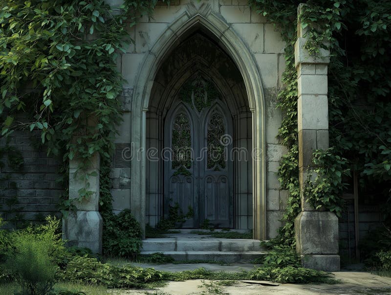 Gothic Arched Doorway with Ivy, Stone Pillars, Daytime Scene Stock ...