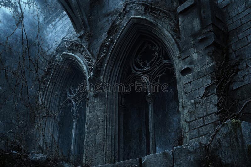 Gothic Arches Frame Dark Interior with Overgrown Vines, Abandoned ...