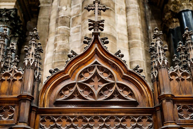 Gothic Architecture. Cross on a Wooden Base with Patterns. Prayer Booth ...