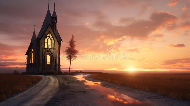 Gothic Architecture Inspired Luxury Tiny Home Sunset Scene Sketch Stock ...