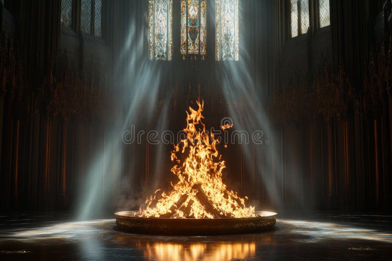 Gothic Architecture Surrounds a Mysterious Fire that Rises in a Dimly ...