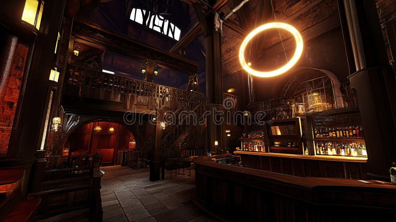 Gothic Bar Interior, Circular Light, Staircase, Nighttime Ambiance ...