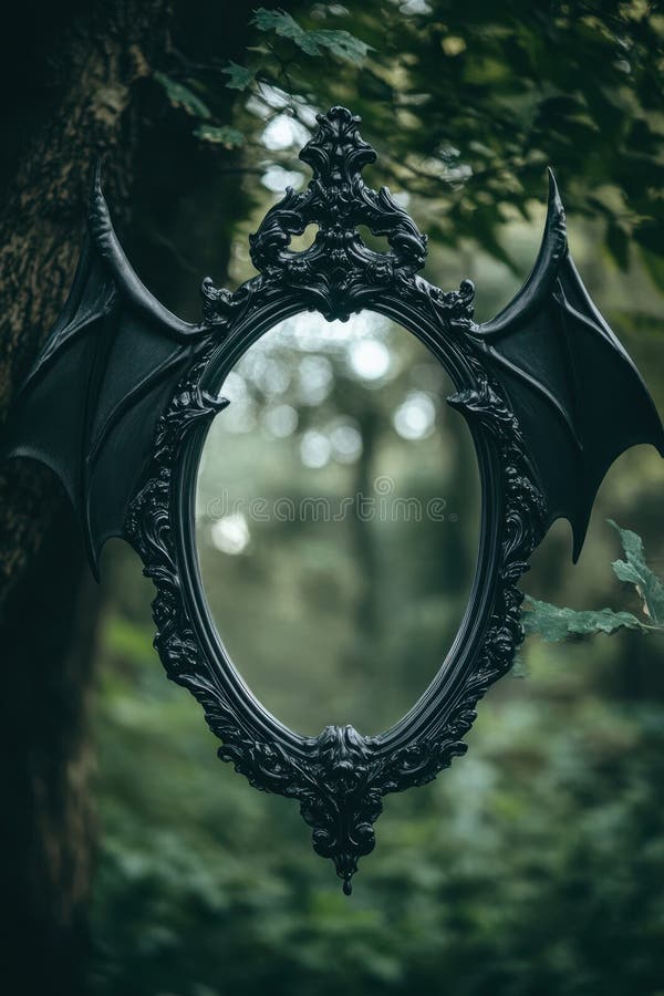 Gothic Bat-Winged Mirror in Enchanted Forest Setting. Stock Image ...