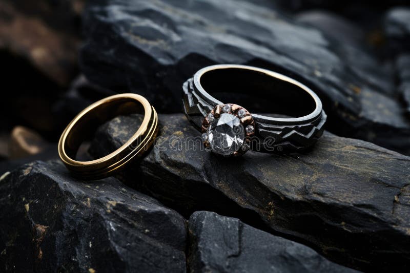 Gothic Black Wedding Rings on a Dark Basalt Rock Stock Image - Image of ...