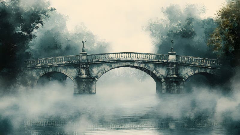 Gothic Bridge Spanning a Misty River Stock Illustration - Illustration ...