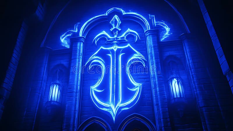 Blue Neon Sword Crest on Gothic Building Stock Illustration ...