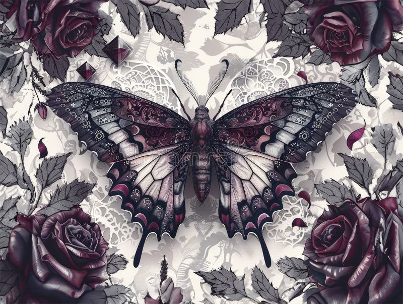 Gothic Butterfly with Dark Roses and Lace Stock Illustration ...