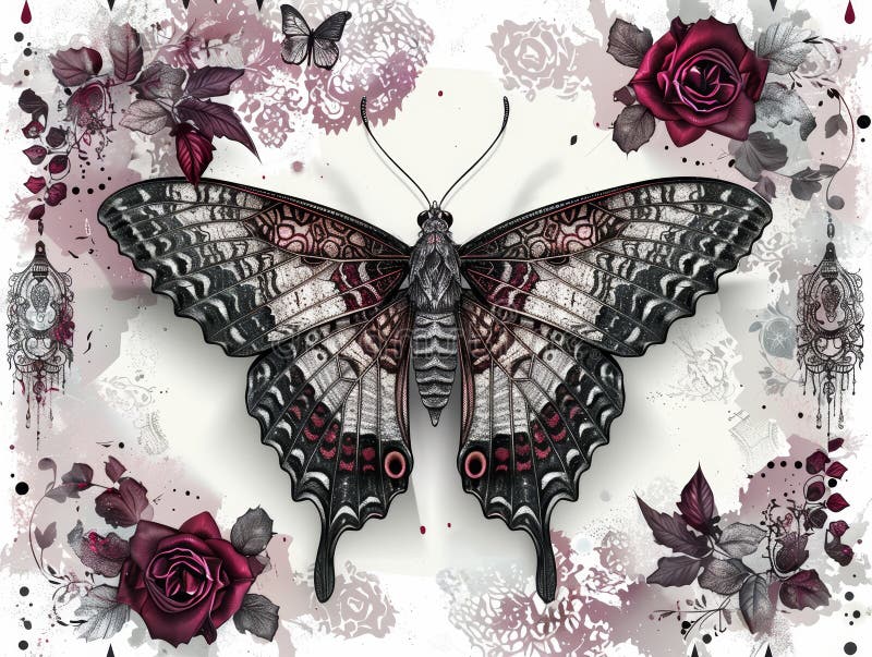 Gothic Butterfly with Dark Roses and Lace Stock Illustration ...