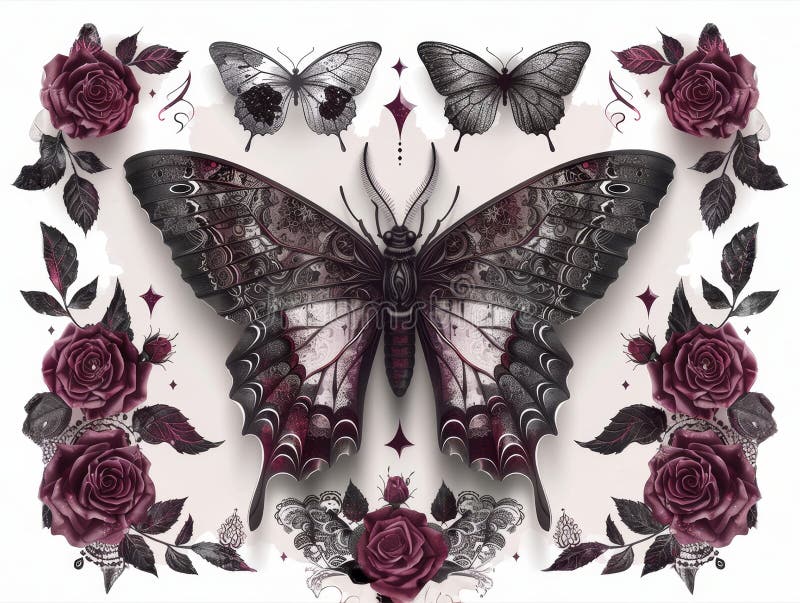 Gothic Butterfly with Dark Roses and Lace Stock Illustration ...