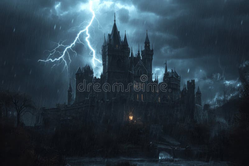 A Gothic Castle Bathed in Rain and Lightning Stock Illustration ...