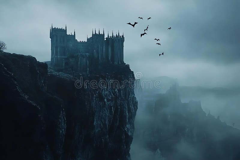 Gothic Castle on Cliff with Dark Clouds and Flying Birds Stock ...