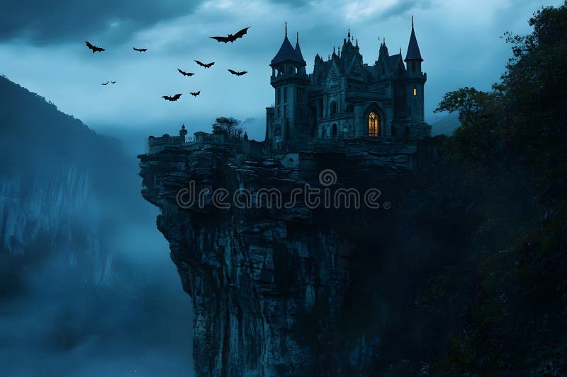 Gothic Castle on a Cliff during a Misty Night, Dramatic Scene Stock ...