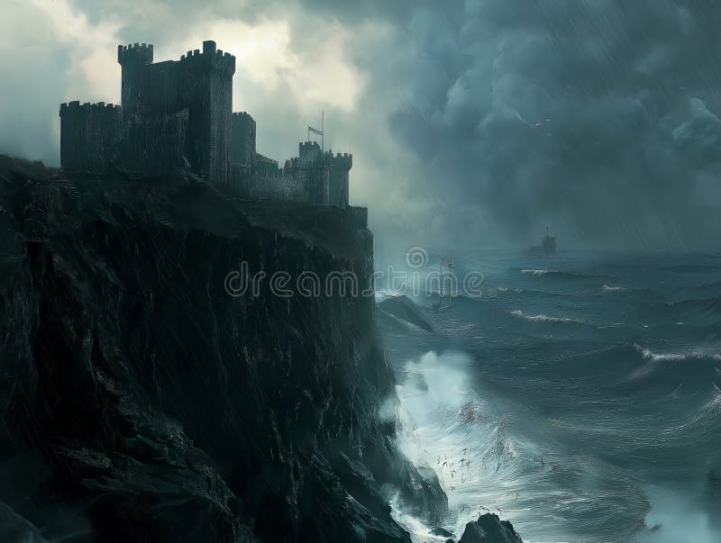 Gothic Castle on Cliffs with Stormy Waves Below Stock Illustration ...