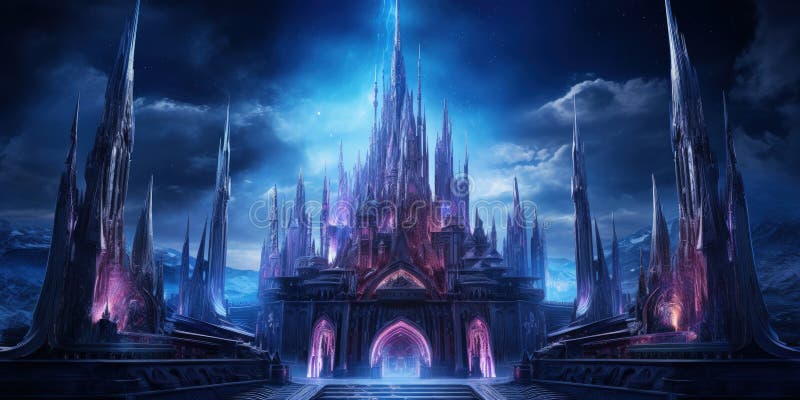 Gothic Castle in a Futuristic Setting, with Neon Lights Accentuating ...