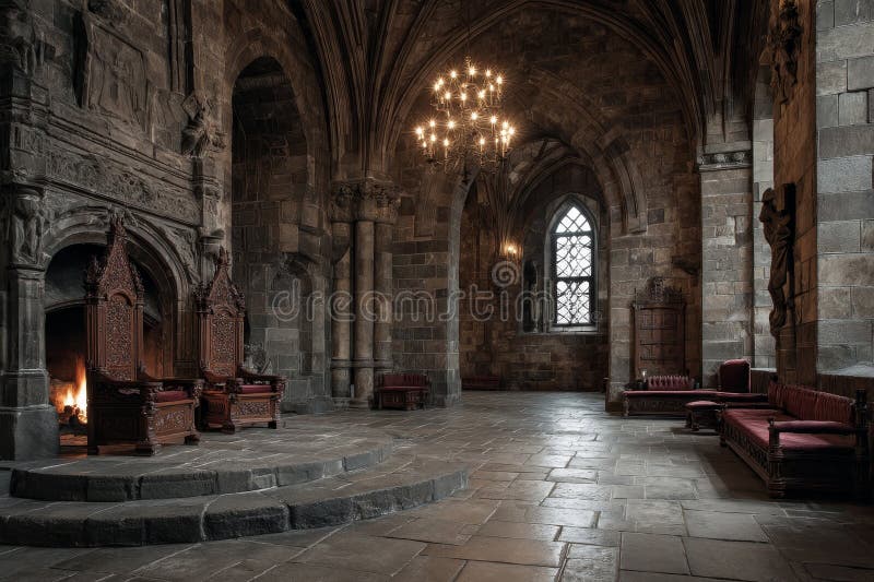 Gothic Castle Hall with Throne, Stone and Flame. Stock Photo - Image of ...