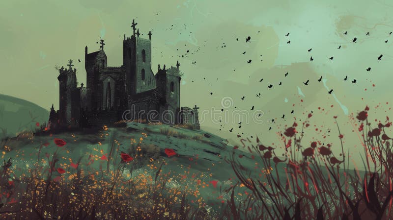 Gothic castle on a hill stock illustration. Illustration of ...