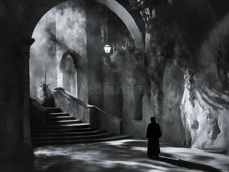 Gothic Castle Interior, Shadowy Passage, Mysterious Figure, Dim ...