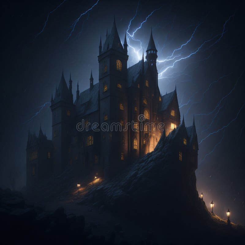 Gothic Castle at Night with Lightning. Stock Illustration ...