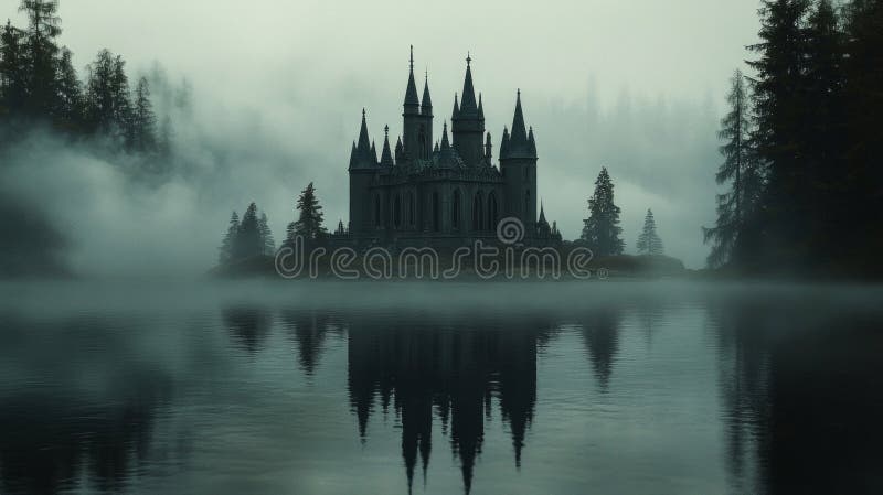 Gothic Castle Reflecting in a Misty Lake Stock Illustration ...