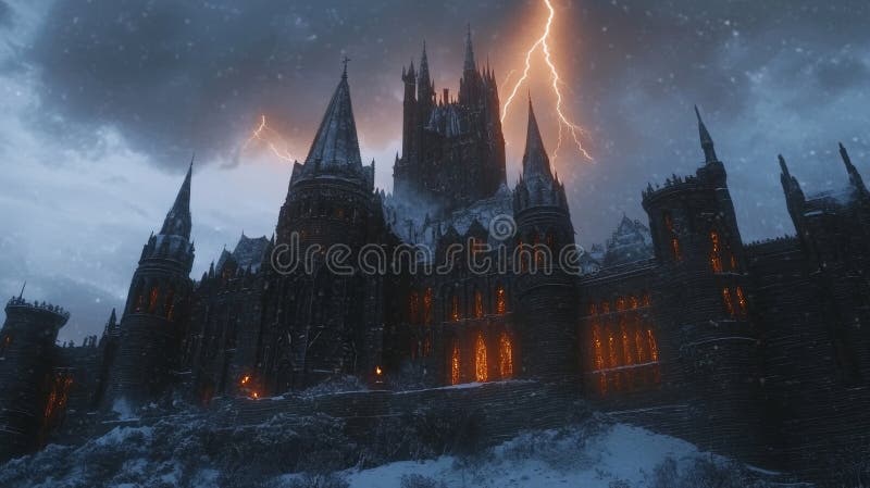 A Gothic Castle Sits Atop a Mountain, Encircled by Storm Clouds and ...
