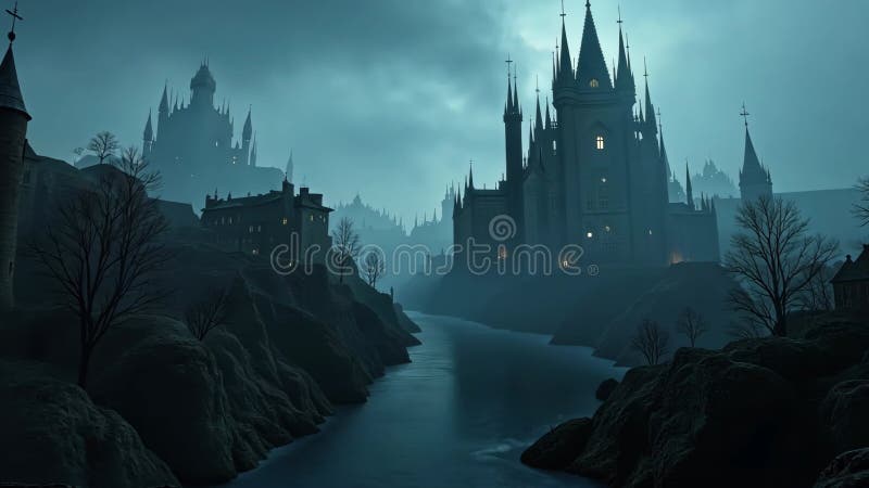 Mysterious Nightfall: a Gothic Castle by the River Stock Video - Video ...