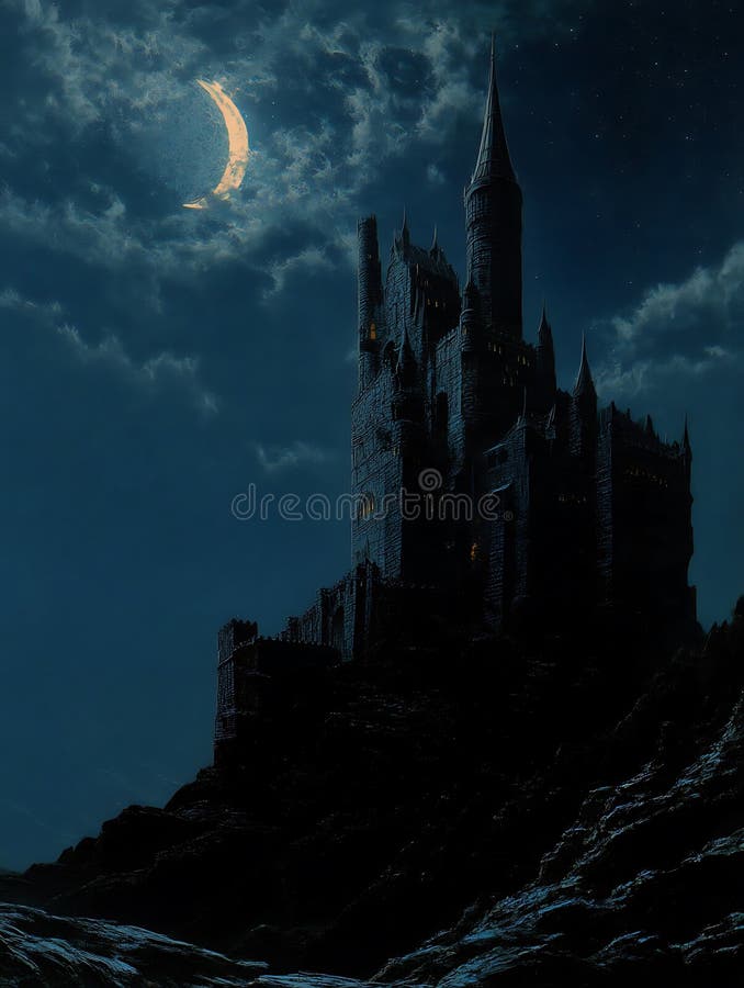 Gothic Castle Under a Crescent Moon, Surrounded by a Dark, Cloudy Night ...