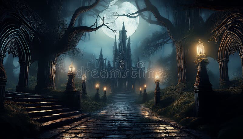 Night gothic castle stock illustration. Illustration of spires - 380140436