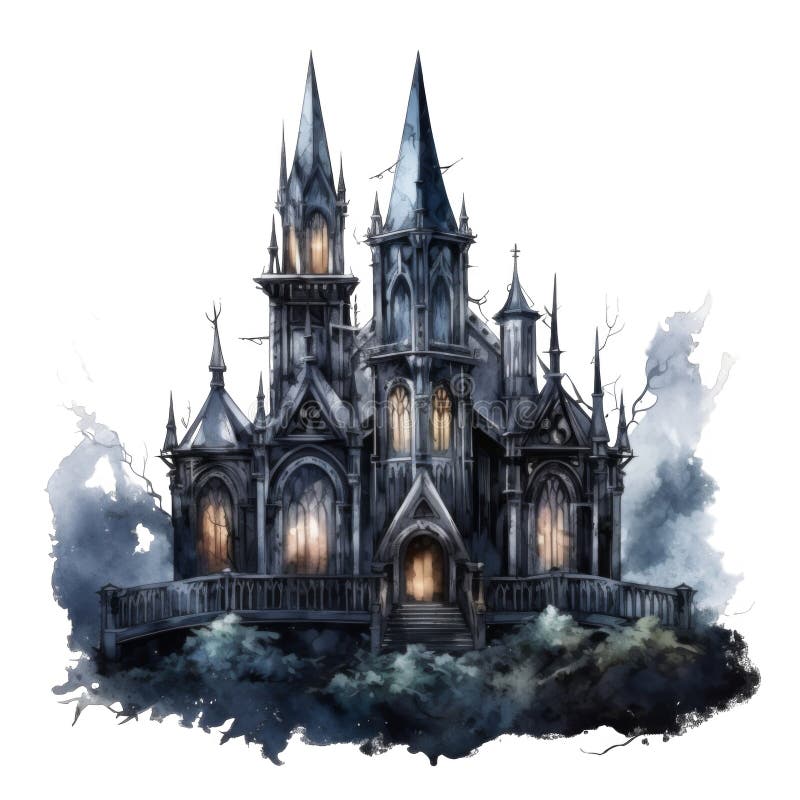 Gothic Castle with Watercolor Effect and Glowing Windows Stock ...
