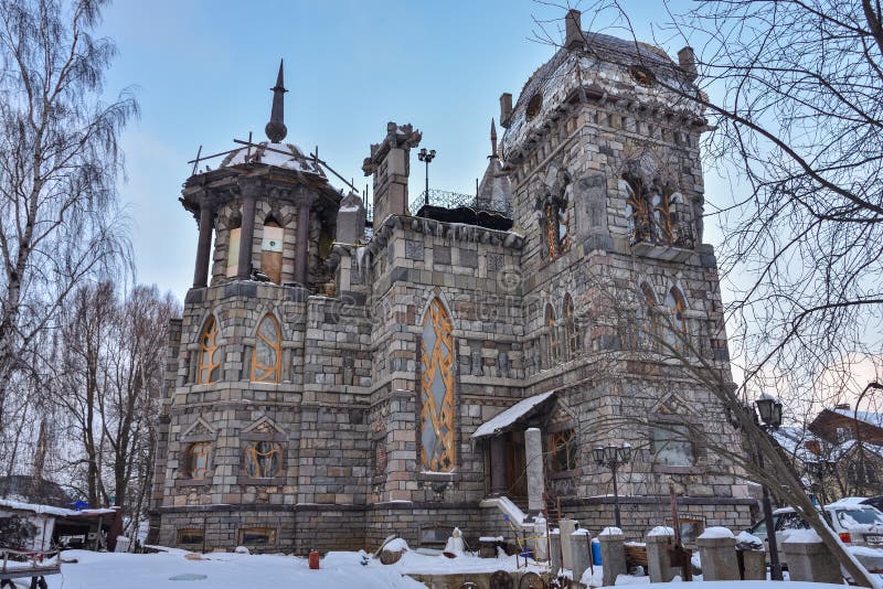 Gothic Castle in Winter, Outside View, Against the Sky, Winter Trees ...