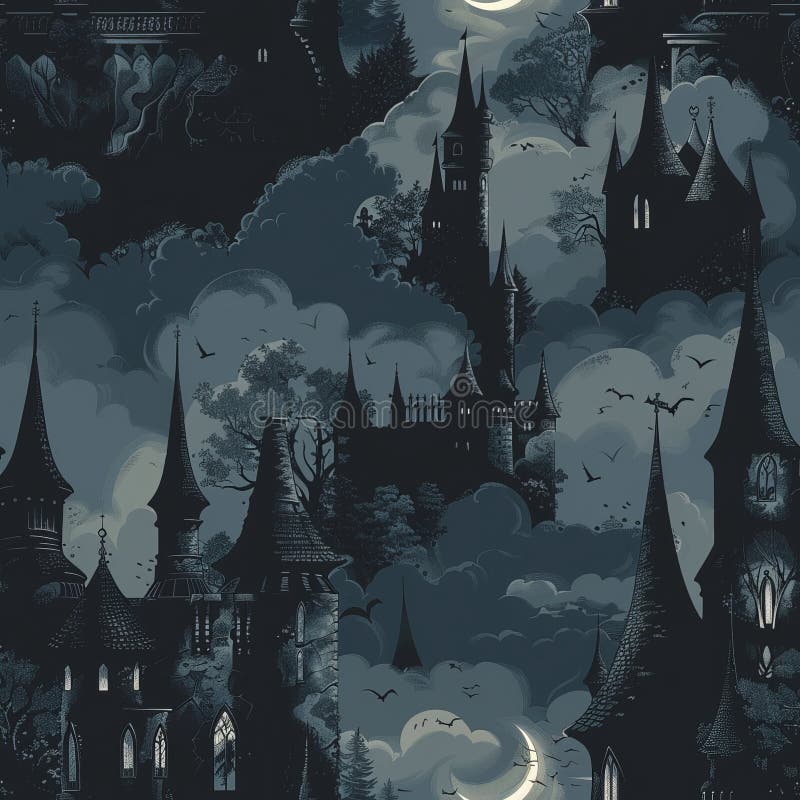 Gothic Castles in a Night Sky with Clouds and Crescent Moon. Seamless ...