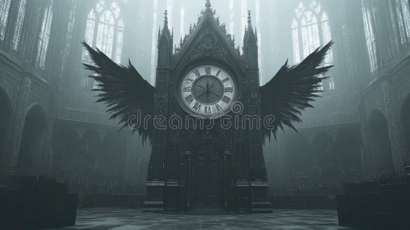 Gothic Cathedral Clock with Dramatic Black Wings in Mystical Light ...