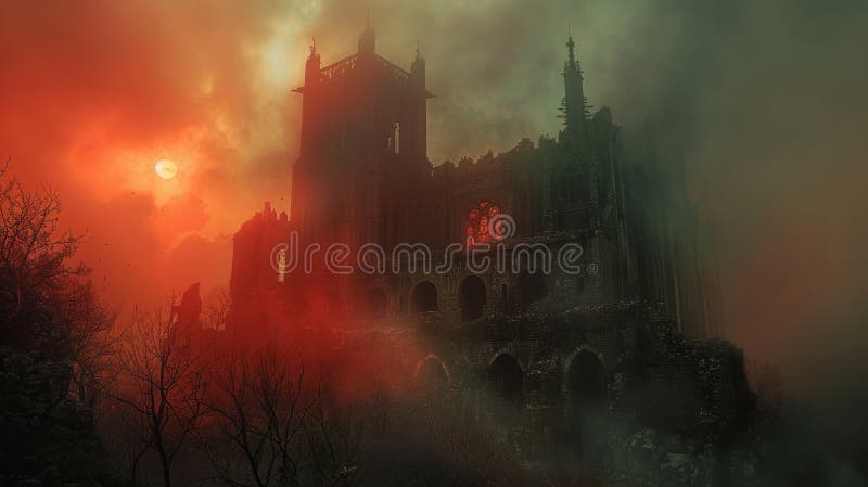 A Gothic Cathedral Emerges from the Mist Under a Dramatic Fiery Sky ...