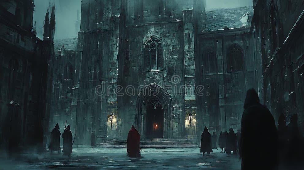 Gothic Cathedral Enveloped in Mist and Shadow, Featuring Towering ...