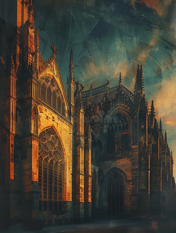 Gothic Cathedral Exterior with Flying Buttresses, Ribbed Vault Structure, Evening Light Creating ...