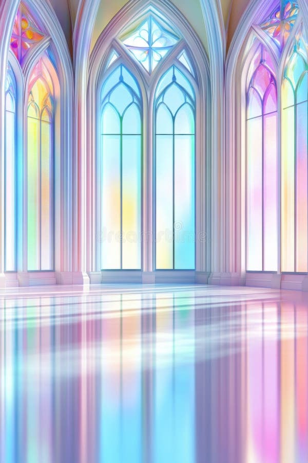 Gothic Cathedral Interior Featuring Pastel Stained Glass Windows and ...