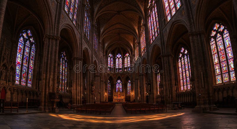 Gothic Cathedral Interior Featuring Pointed Arches, Ribbed Vaults, and ...