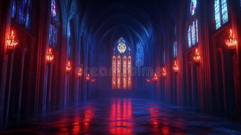Gothic Cathedral Interior with Red and Blue Lighting and Stained Glass ...