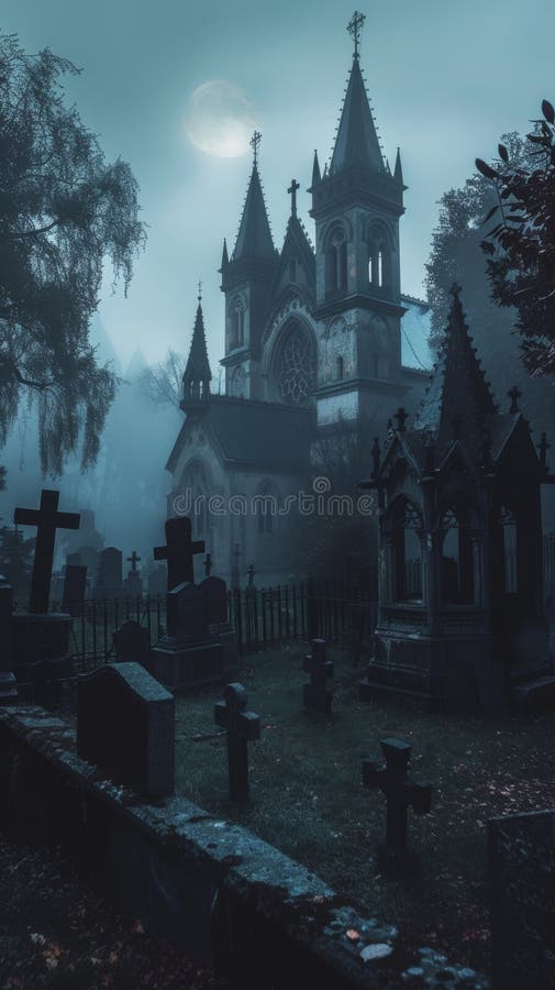 Gothic Cathedral in a Misty Moonlit Graveyard Setting Stock ...