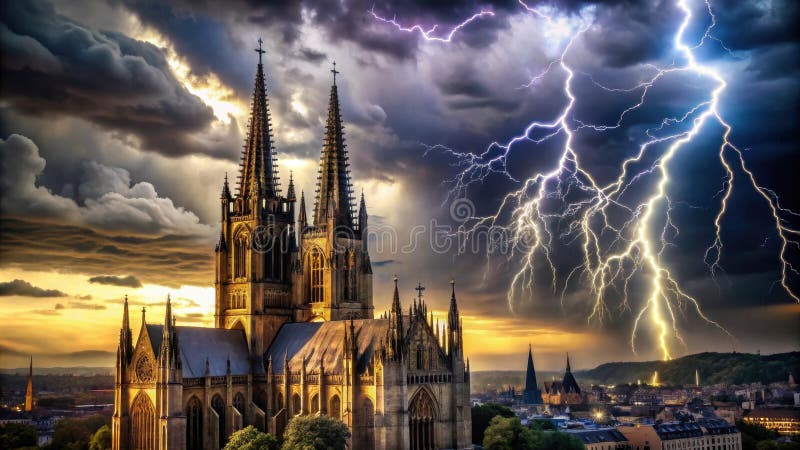 Gothic Cathedral Silhouette Under a Dramatic Lightning Storm ...