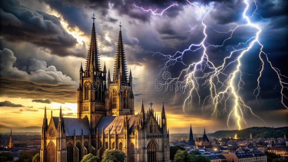 Gothic Cathedral Silhouette Under a Dramatic Lightning Storm ...