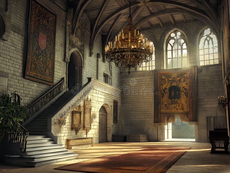 Gothic Cathedral Styled Medieval Castle Interior with Towering Columns ...