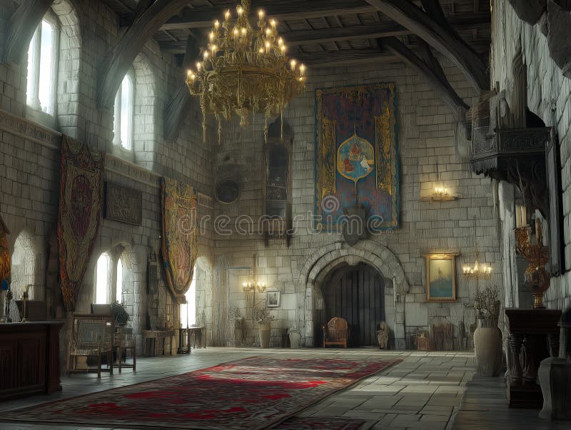 Gothic Cathedral Styled Medieval Castle Interior with Towering Columns ...