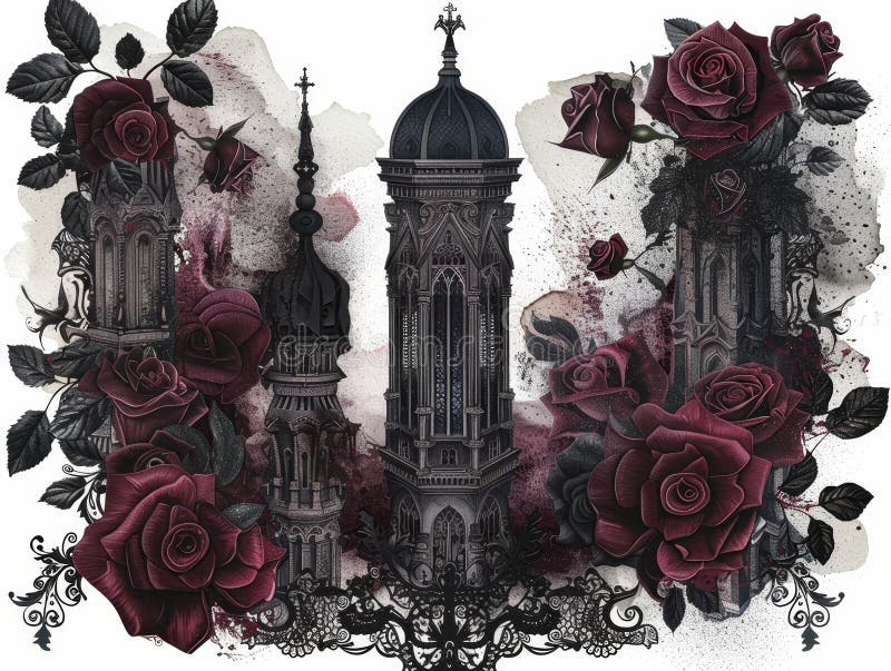 Gothic Cathedral Towers with Dark Roses Stock Illustration ...